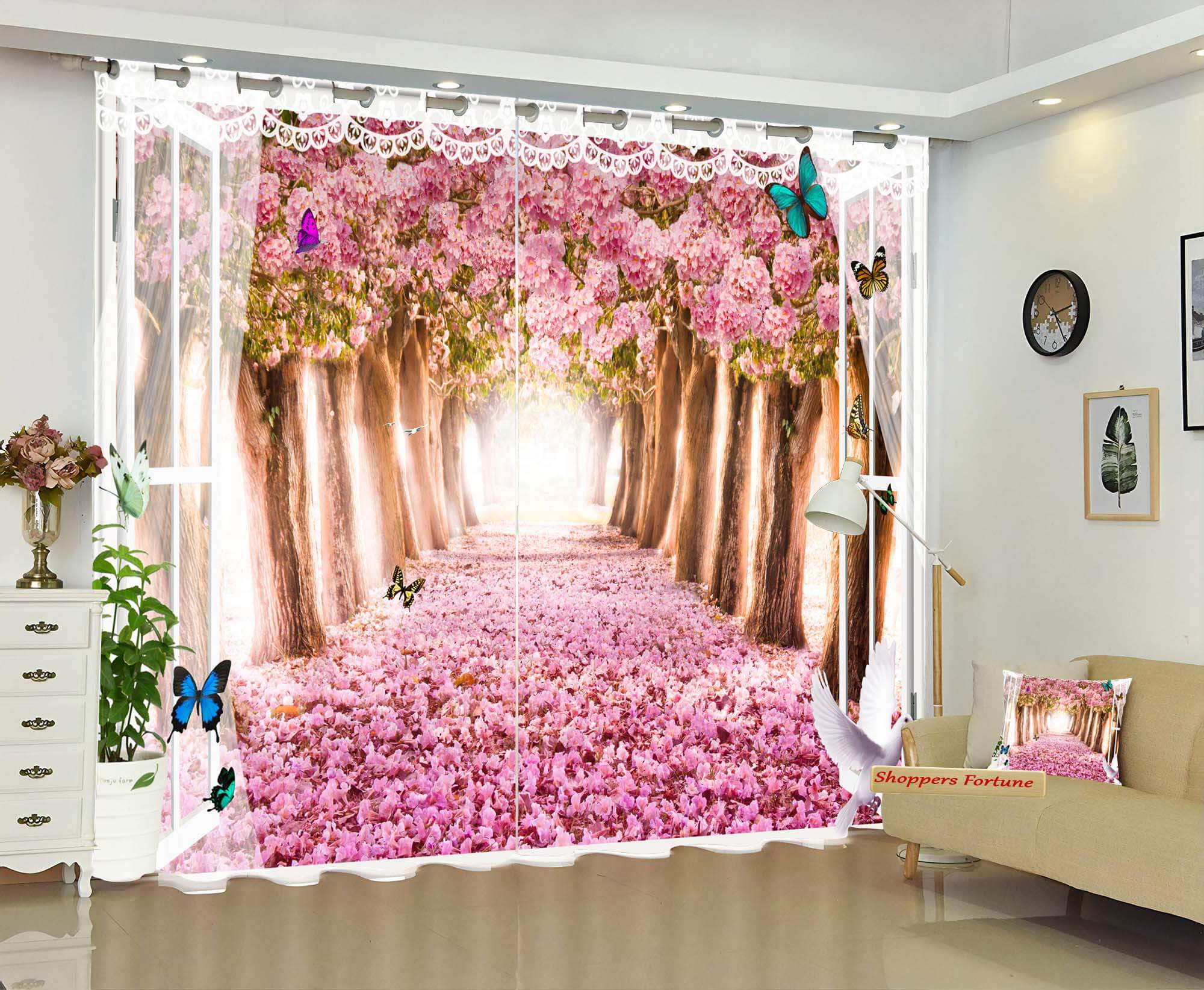 Premium Blackout Digital Curtains - Butterfly & Pink Blossoms(Set of 2 ...